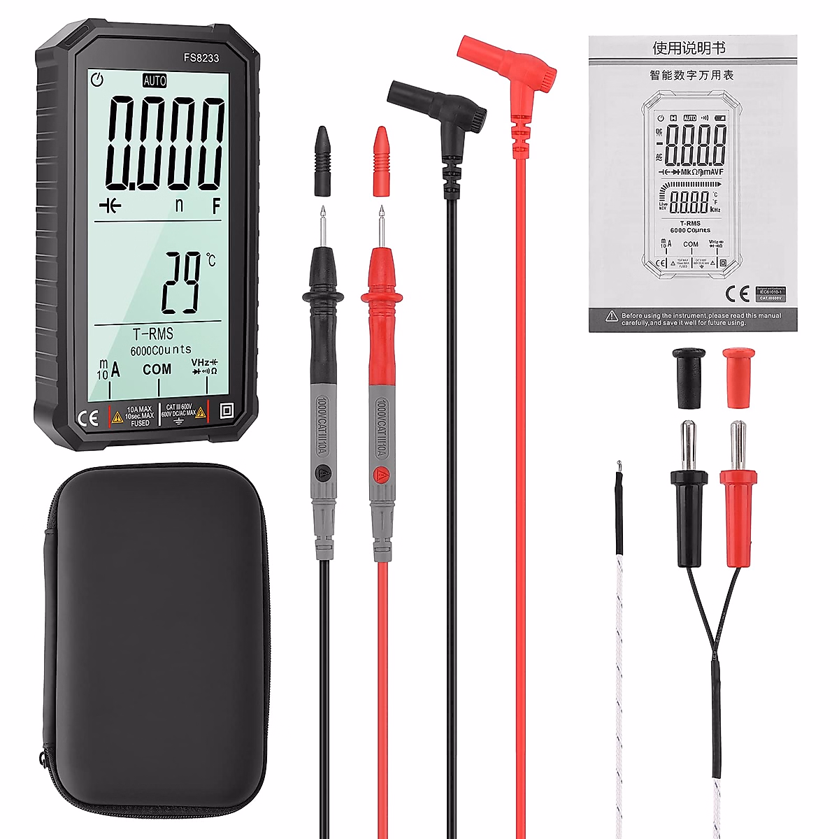 BlumWay 4.7 Inch LCD Digital Multimeter TRMS 6000 Counts Voltmeter Auto-Ranging Fast Measures Voltage Current Amp Resistance Diodes Continuity Duty-Cycle Capacitance Temperature for Automotive