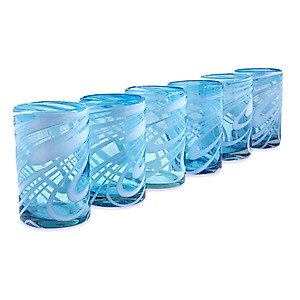 NOVICA Blue And White Swirl Hand Blown Glass Water Glasses, 15 Oz, 'Whirling Aquamarine' (Set Of 6)