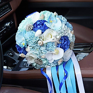 Wedding Bridal Bouquet Home Beach Seashell Wedding Bouquet Silk Roses Wedding Flowers Holding Tossing Flower Bride Rose Flowers Hydrangea Garden Bouquets Blue Beach Bouquet Starfish Bridal Bouquet