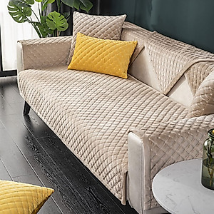 vctops Luxury Velvet Couch Sofa Cover Soft Plush Sectional Couch Covers Plaid Nonslip Sofa Slipcover for Dogs Cats Pet Love Seat Recliner Leather L Shaped, Armrest Backrest Cover (Camel,28"x47")