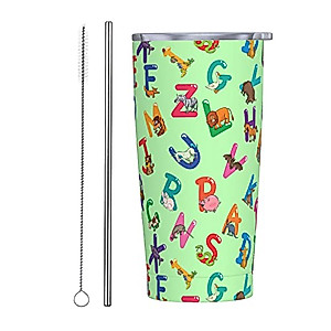 Green Animal Alphabet ABC Tumbler With Lid and Straw 20 Oz Travel Coffee Mug Reusable Food Grade Vacuum Water Glasses Thermal Cup Stainless Steel Insulated Coffee Cups for Ice Drinks and Hot Beverage