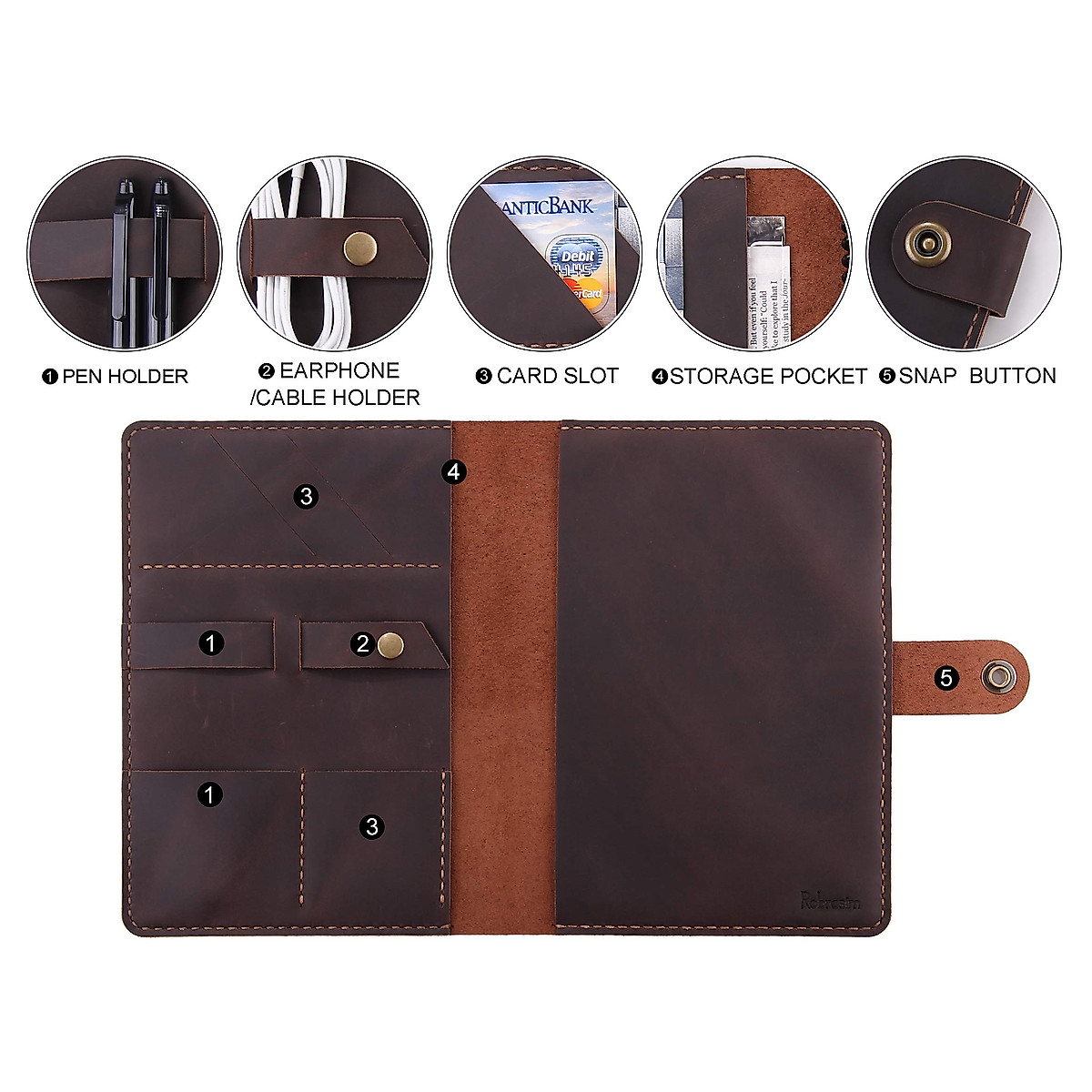 Leather Folio Cover Compatible with Rocketbook Executive Size 6 x 8.8, Handmade Rustic Leather Journal Cover for A5 Notebooks - Coffee