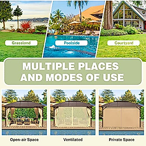 Aluminum Outdoor Gazebo 10X13 with Hardtop Polycarbonate Double Roof, Sturdy Hardtop Sun Shade Canopy, Metal pergola w/Hook Design for Deck Backyard Wedding Garden, Grill Gazebo w/Curtains and Netting