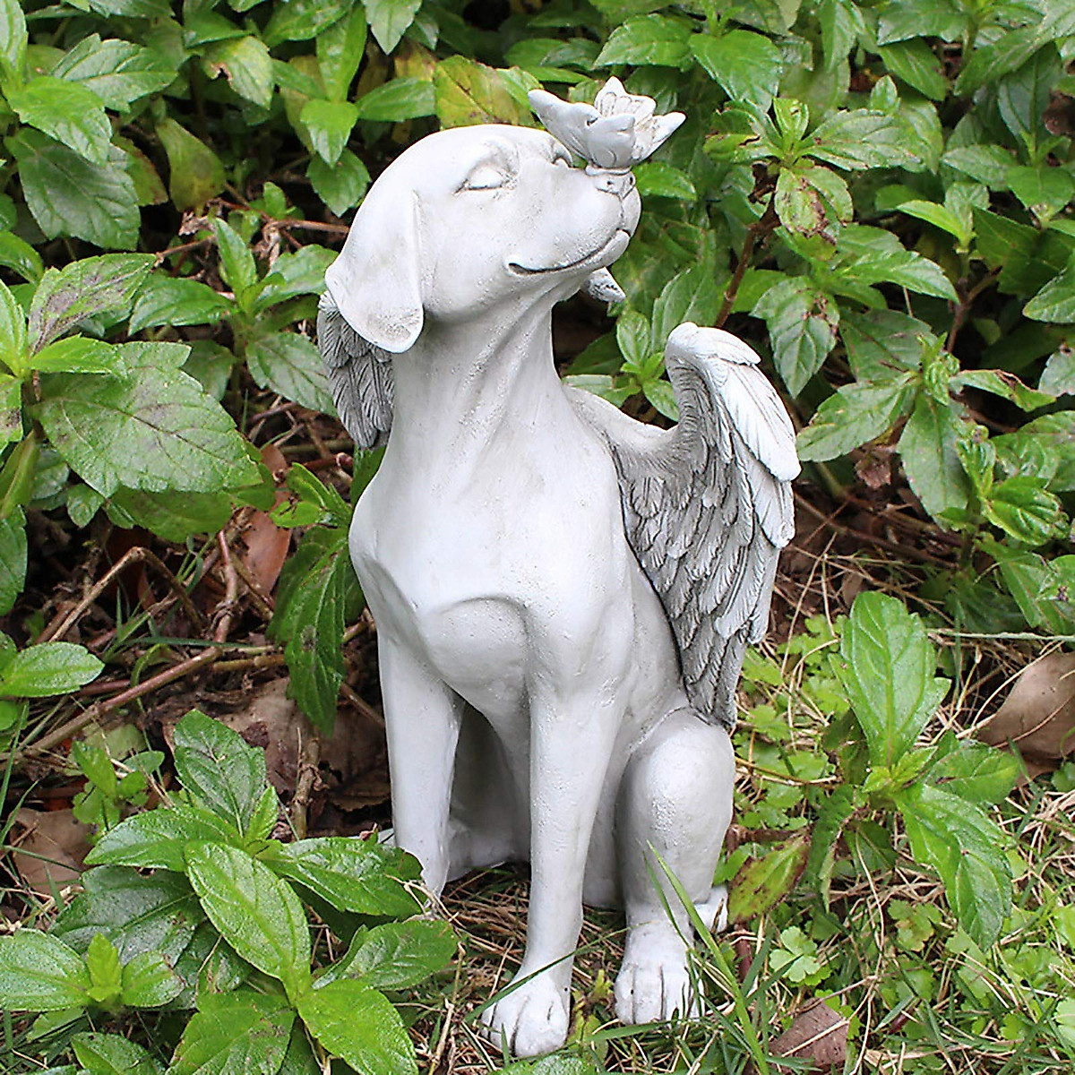 Pomobie Stone Angel Dog Memorial Statue - Garden Dog Statues Outdoor Lab - Dog Yard Statue Sculpture Angel Wings Decor (Gray)