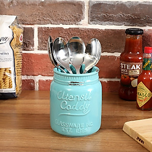 MyGift Aqua Blue Ceramic Mason Jar Flatware Holder Storage Organizer with Decorative Embossed Utensil Caddy Word Design, Farmhouse Kitchen Decor, Set of 3