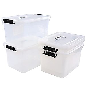 Vababa 10 L Clear Plastic Latch Storage Box with Handle, 4-Pack Storage Bin