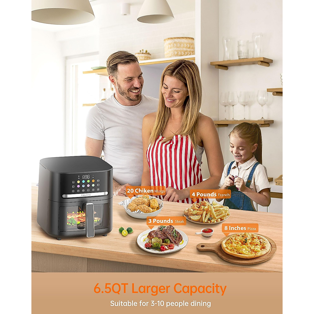 FABULETTA 6.5QT Large Air Fryer, Air Fryers Clear Window With Washable Basket, 10-in-1 Presets Functions For Crisp, Roast, Bake and Reheat, Auto Shut-off, Nonstick & Free Recipes & Easy Meals Airfryer