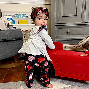 HINTINA Infant Baby Girls Valentine's Day Outfit Ruffle Long Sleeve Tunic Drees Top Love Heart Pants Headband 3PCS Clothes Set(White,6-12M)