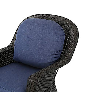 Christopher Knight Home Constance Outdoor 4 Seater Wicker Swivel Chair and Fire Pit Set, Dark Brown + Navy Blue + Hammered Bronze