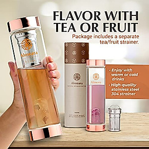Almeara Crystal Water Bottle with Authentic Amethyst, Rose Quartz & Clear Quartz Removable Gemstones, Loose Leaf Tea Infuser - Relaxation, Healing & Spiritual Gifts for Women - Witchcraft Supplies
