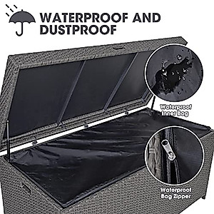 140 Gallon Patio Storage Box with Waterproof Inner Large Wicker Outdoor Storage, Deck Boxes for Cushions, Garden Tools, Pool Toys, Aluminum Frame, Grey