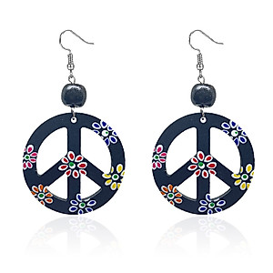 TIANHONGYAN Lightweight Hippie Colorful Love Peace Sign Dangle Drop Wood Earrings 60s 70s Hippie Earrings for Women Christmas Party Favors Costume Accessories (black)