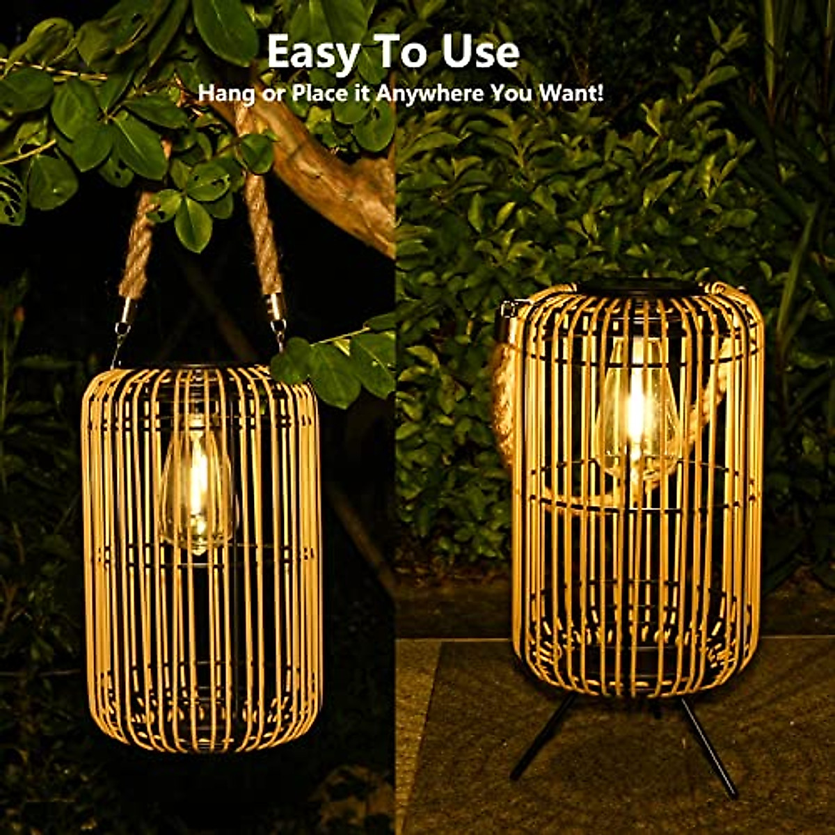 Livinlarge Solar Lantern Outdoor Waterproof, Large Solar Rattan Lantern Outdoor Hanging with Handle, Bright Solar Outdoor Lights with Edison Bulb for Garden Patio Yard Tabletop Decoration