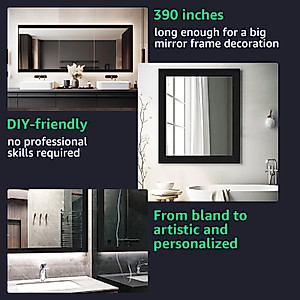 LONGKING Premium 10M Black Wood Grain Peel and Stick Mirror Border Wall Decal: Waterproof PVC Wallpaper Sticker for Kitchen & Bathroom, 393x4.2 in