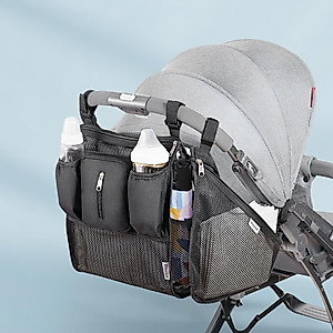 SUNVENO 2 in1 Universal Stroller Organizer, Side Sling Cargo Net, Insulation Cup Holders, Zippered Phone Pocket, Adjustable Straps, Black