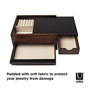 Umbra Stowit Jewelry Box-Modern Keepsake Storage Organizer with Hidden Compartment Drawers for Ring, Bracelet, Watch, Necklace, Earrings, and Accessories, Black/Walnut