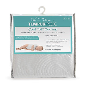 Tempur-Pedic Cool Tot Cooling Fitted Waterproof Infant and Baby Crib Mattress Protector Pad & Toddler Bed Cover, Comfortable and Luxurious Topper, Machine Washable and Dryer Friendly, 52” x 28”- White