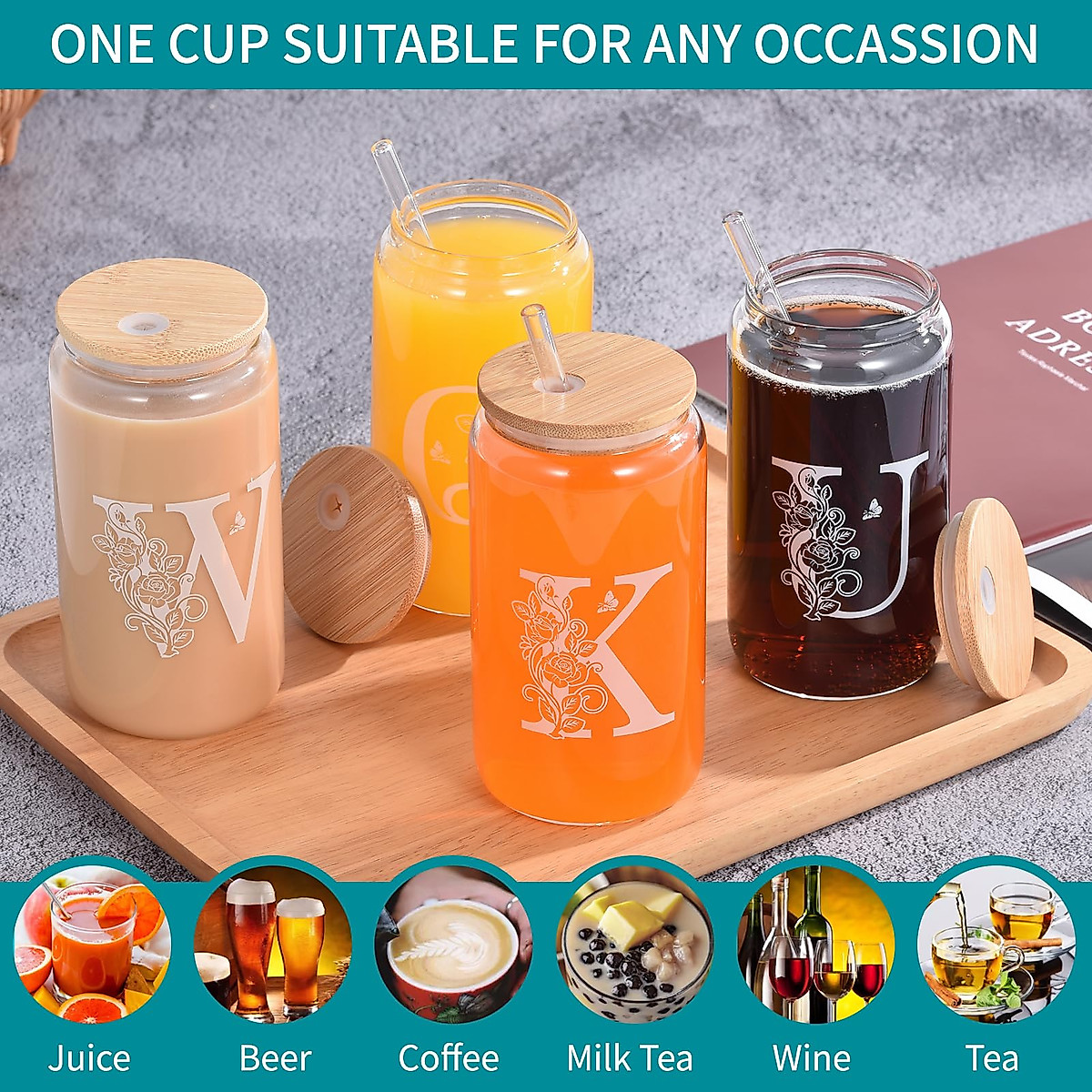 MAFYE Initial Glass Cups with Lids and Straws, Monogrammed Present for Women, 16oz Beer Glass Tumbler, Iced Coffee Mug, Personalized Present with Box and Card. Women's Day Birthday Present for Her