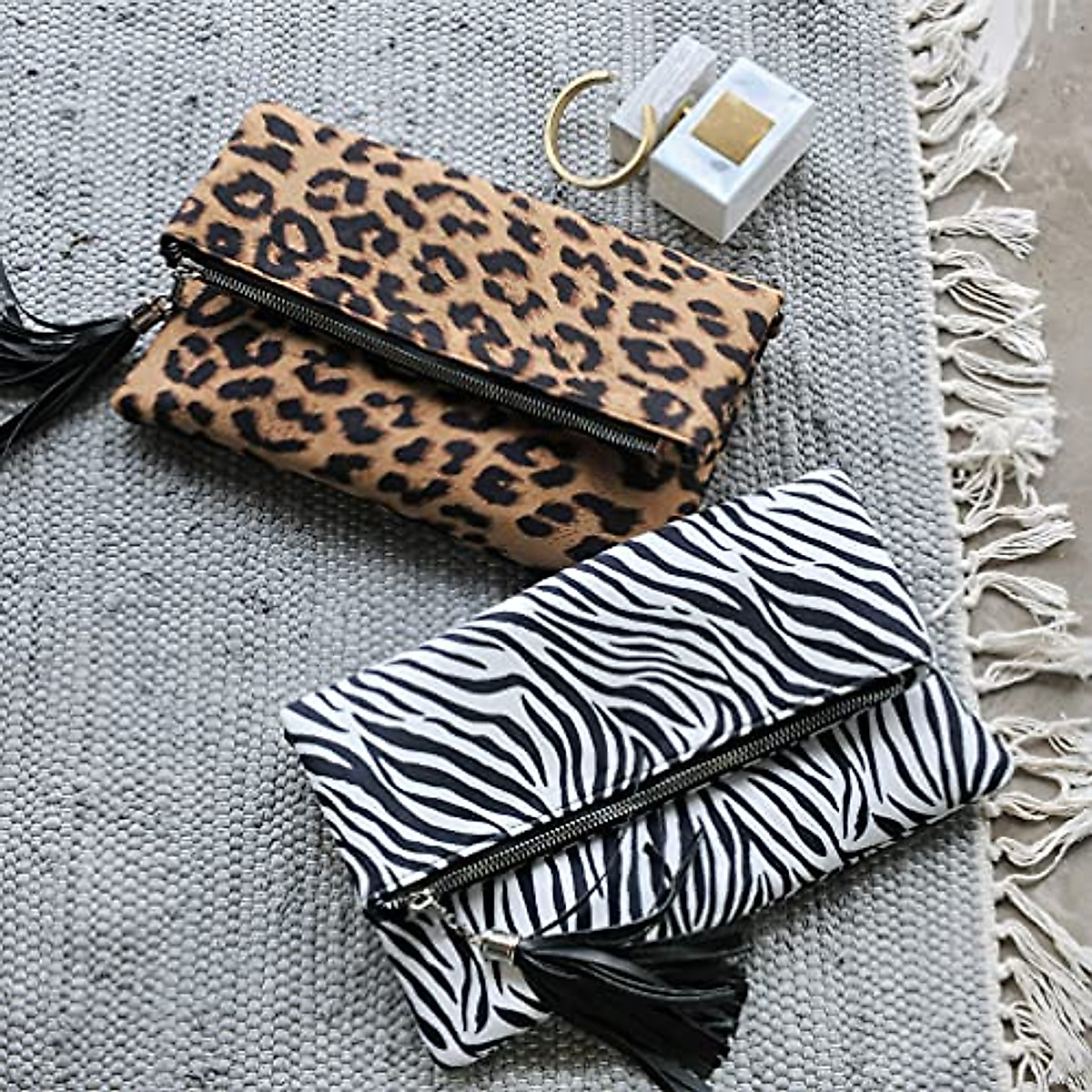 Leopard Zipper Foldover Clutch Envelope Purse Women Cross body Bag with Chain Strap (Leopard) Medium