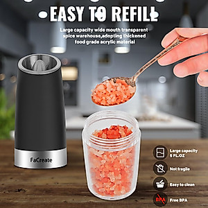 FaCreate Gravity Electric Salt and Pepper Grinder Set,Automatic Operation Electric Salt and Pepper Shakers Set，Battery Powered Adjustable Coarseness Pepper Mill Grinder LED Light, Black (2PACK)