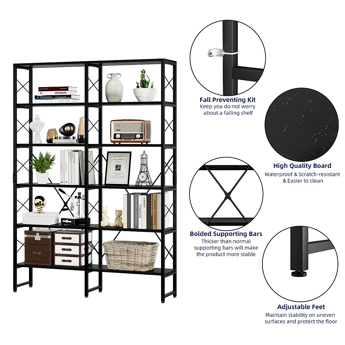 NUMENN Double Wide 6 Tier Bookshelf, Open Large Book Shelves, Tall Bookcases, Shelf Storage Organizer, Wood and Metal Display Shelf for Bedroom, Living Room and Home Office, Black