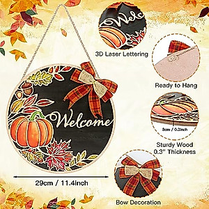 CHDITB Fall Decoration 3D Welcome Front Door Sign Home Decor(11.4”x11.4”), Pumpkin Welcome Sign with Maple Leaves Hazelnuts Plaid Bow, Thanksgiving Farmhouse Wreath for Front Door Porch Outdoor
