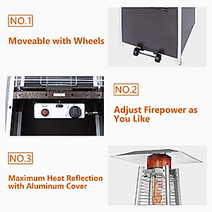 Outdoor Patio Heater - Pyramid Glass Tube Patio heater Hammered Portable Finish Stainless Steel Outdoor Heater with Wheels and Cover Pyramid 42,000 BTU Propane Tabletop Patio Heater