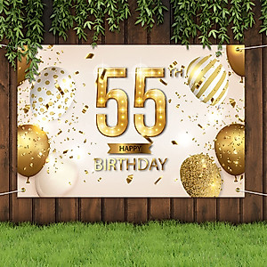 Happy 55th Birthday Backdrop Banner White Gold 55 Years Old Bday Background Decorations for Women Men Her Him Photography Party Supplies Glitter