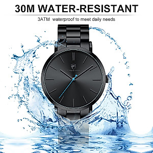 GOLDEN HOUR Men's Watches Slim Minimalist Runway Black Stainless Steel Quartz Analog Watch with Blue Hands