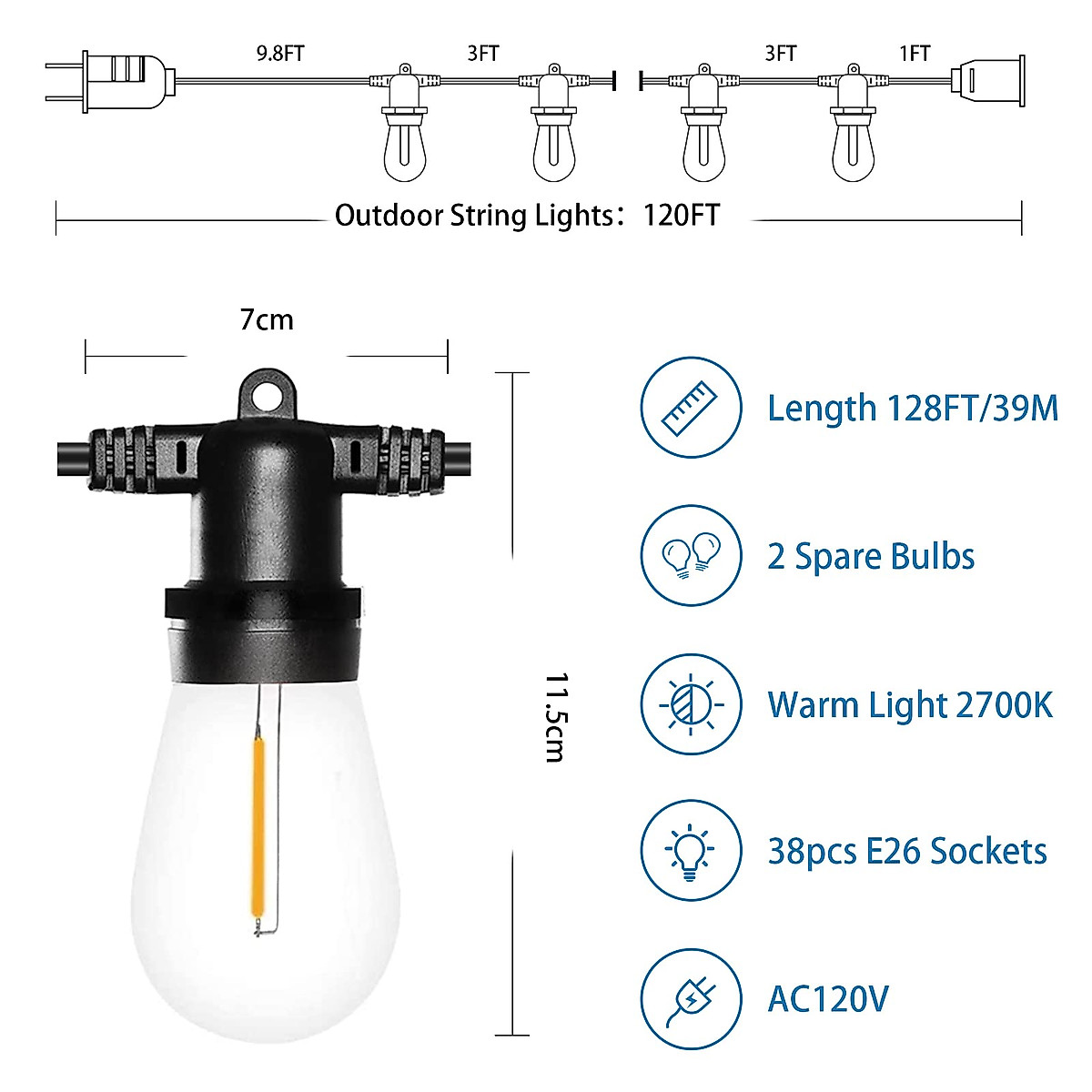 ANTING 120FT Outdoor String Lights with 38+2 Shatterproof Plastic Bulbs,38×E26 Sockets,Patio Lights LED Commercial Grade Weatherproof String Lights for Patio Garden Porch Backyard,2700K Warm White