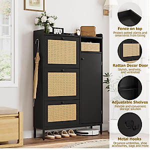 GarveeHome Rattan Shoe Storage Cabinet with 3 Flip Drawers, Freestanding Organizer with Adjustable Shelves for Entryway, Narrow Shoe Rack Cabinet for Hallway, Easy Assembly, Black