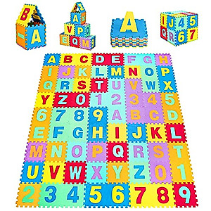 Costzon 72 Pieces Baby Play Mat w/Fence, Baby 0.4'' Thick EVA Baby Crawling Mat w/Detachable Numbers, Waterproof Soft Playmat for Toddler Infants (72 Pieces, Alphabet + Numbers)