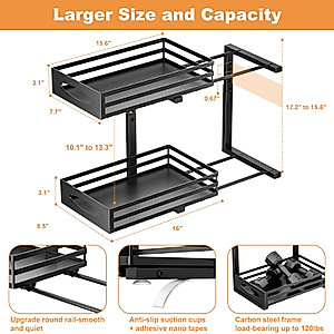 mixeshop Under Sink Organizer, 2 Pack Pull Out Cabinet Organizers, Slide Sink Steel Shelf Cabinet Storage Shelves, Under Sink Storage for Kitchen Bathroom Cabinet, Black