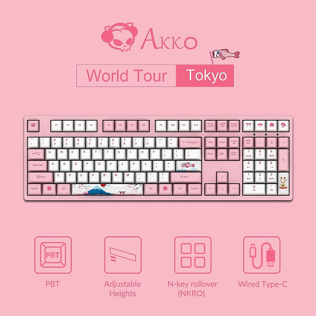 Akko World Tour Tokyo 108-Key R1 Wired Pink Mechanical Gaming Keyboard, Programmable with OEM Profiled PBT Dye-Sub Keycaps and N-Key Rollover, Mac/Win Compatible (Akko Cream Yellow Switch)