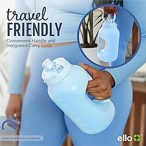 Ello Hydra 64oz Half Gallon Water Jug with Handle and Motivational Time Markers for All Day Hydration, Plastic Reusable Water Bottle with Straw and Locking, Leak Proof Lid, BPA Free, Halogen Blue