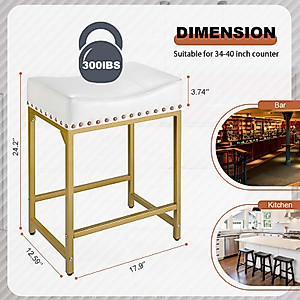 FLYZC Bar Stools Set of 4 Counter Height, 24" Modern White & Gold Counter Stools Set of 4, Stools for Kitchen Counter, Modern White Barstools Saddle Stool Backless Island Chairs (White+Gold)
