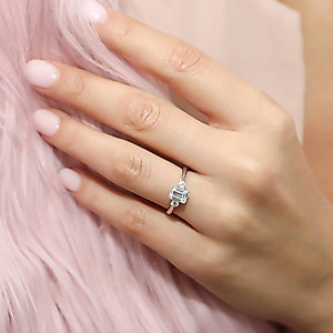 BERRICLE Sterling Silver 3-Stone Wedding Engagement Rings Emerald Cut Cubic Zirconia CZ Anniversary Promise Ring for Women, Rhodium Plated Size 4