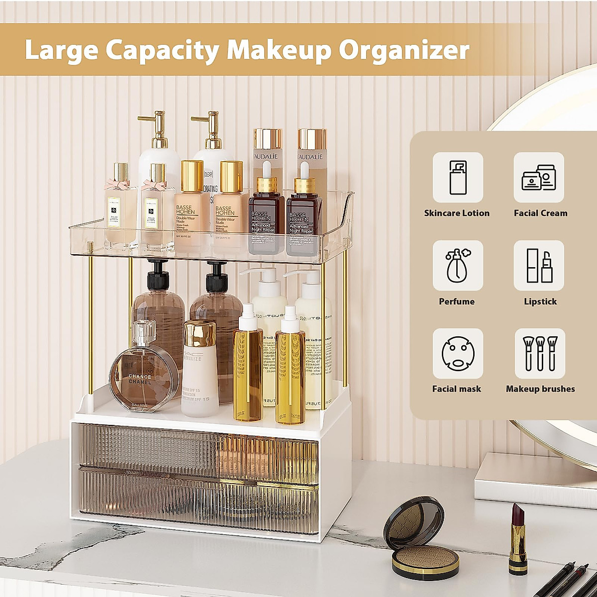 Webetop Bathroom Counter Organizer, Large Makeup Organizer Countertop, Multi-Purpose Vanity Organizer Countertop with 2 Drawers for Storage, Cosmetics, Perfume, Toiletry (Amber)