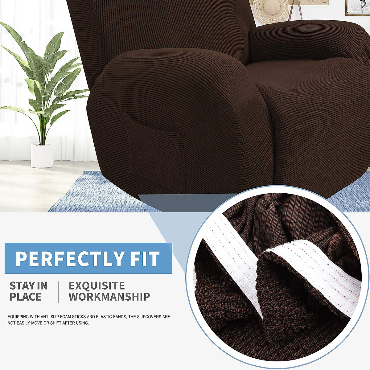 JIVINER Super Stretch Recliner Chair Covers 4 Pieces Sofa Slipcover for Reclining Chair Spandex Soft Recliner Slipcover with Pockets Recliner Furniture Protector (Recliner, Chocolate)