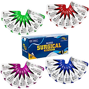 Mixed Sterile Sutures Thread with Needle 32PK (0, 2-0, 3-0, 4-0) Non-Absorbable - Surgical Emergency Practice, Medical, Nursing, EMT, PA, Dental, Veterinary Student's Hospital Training Kit, Taxidermy