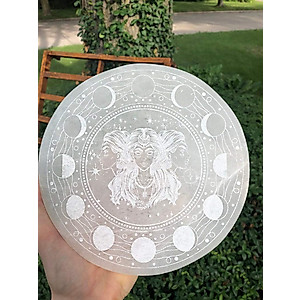 CrystalsAhoy Ethically Mined 6" Etched Selenite Charging Plate, Etched with Hecate, Goddess Charging Station, Etched in Appleton, WI USA