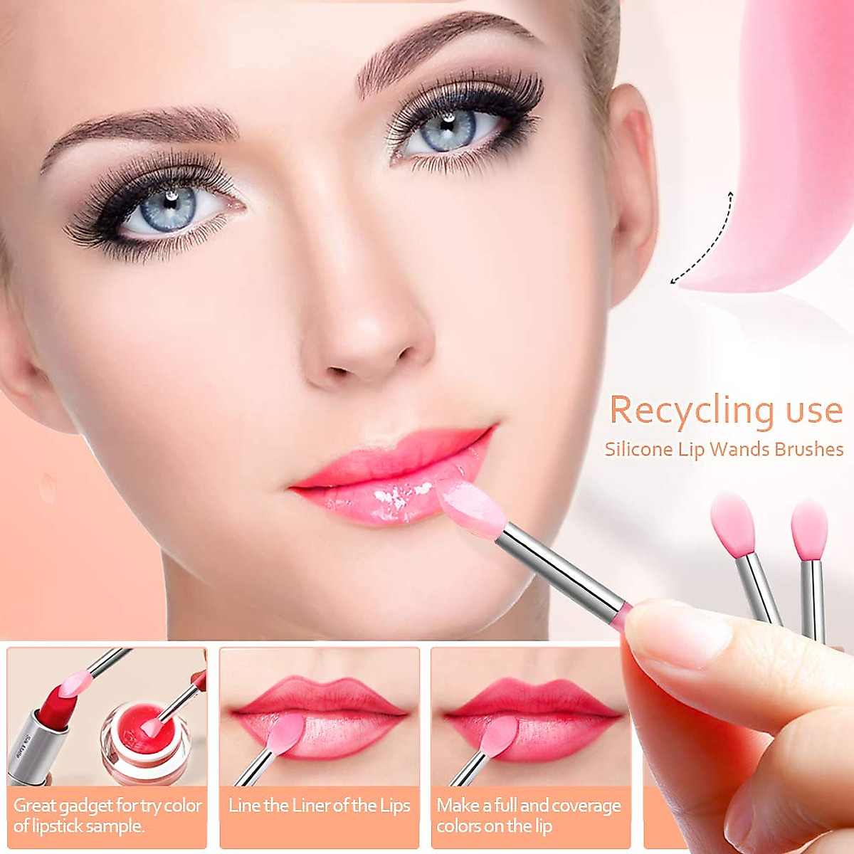 Spove 12pcs Silicone Lip Brush Makeup Eyebrow Lipstick Brushes Applicator Cosmetic Brush Set Silicone Brushes Wands Fit Balm Mask Oil Pink