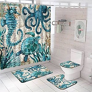 QYVLHD 4 Piece Nautical Biological Theme Shower Curtain Sets with Rugs, Toilet Lid Cover , Blue Ocean Sea Turtles Octopus Seahorse Beach Coral Reef Vintage Map Shower Curtain with Hooks ,Teal