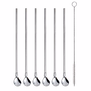 ERCRYSTO Reusable Stainless Steel Long Handle Straws Spoon, 6 Pieces 8.6", with 1 Cleaning Brush (circular)