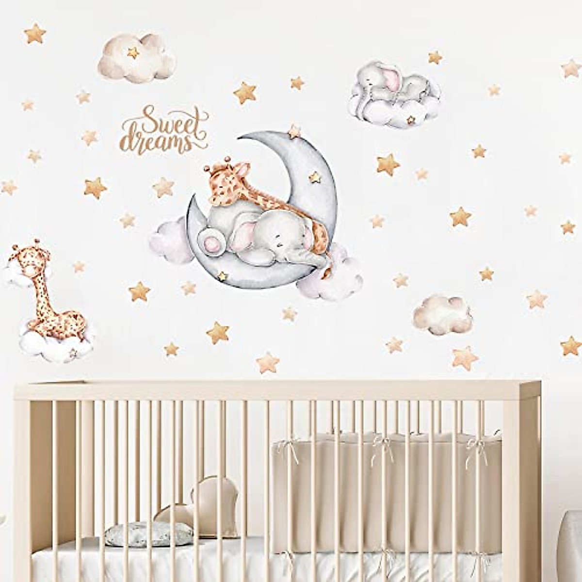 Elephant and Giraffe on The Moon and Stars Wall Stickers for Kids Baby Room Decor Sweet Dream Moon Hot Air Balloon Star Baby Nursery Decor Baby Shower Room Interior Decor Kid