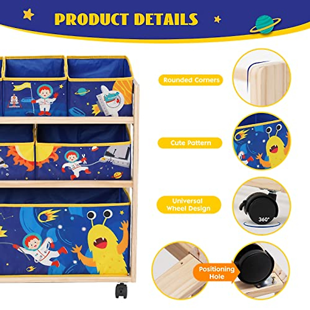 Kids Toy Storage Organizer with 6 Oxford Cloth Bins and 4 Wheels,Wooden Children Storage Rack,Extra Large Capacity Bookshelf Bookcase Display Stands Shelf Multi Cabinet for Books Toys