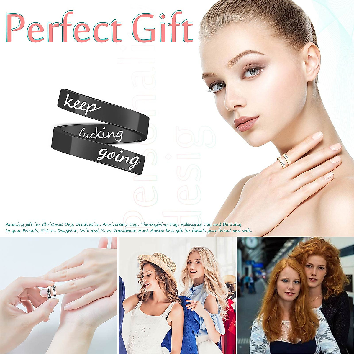 Kucheed Keep Going Engraved Inspirational, Open Adjustable Finger Ring, Surgical 316L Stainless Steel Statement Rings Gifts for Women