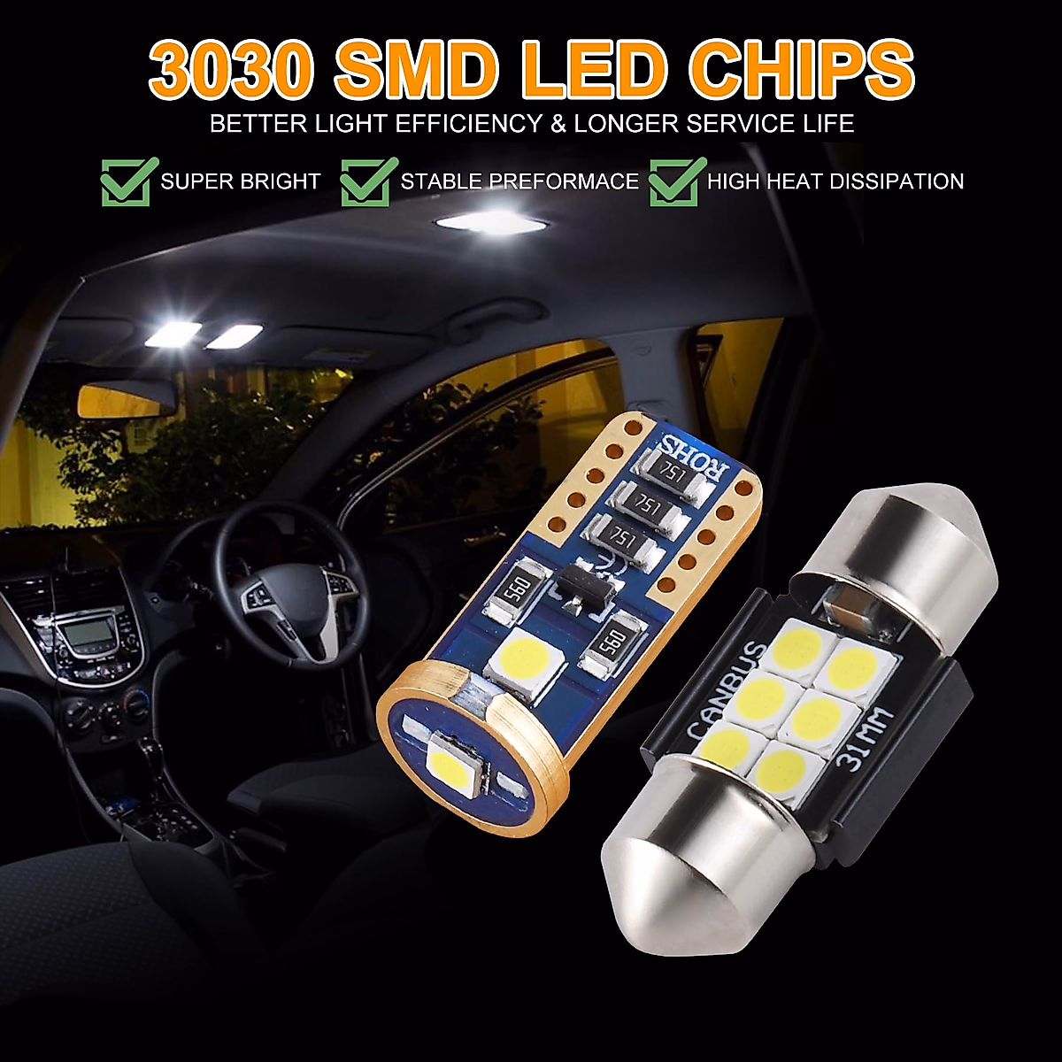 iBrightstar 31mm DE3175 DE3021 194 168 T10 LED Bulbs 3030 Chipset Error Free for Car Truck Interiors Dome Map Door Courtesy License Plate Lights pack of 10, Xenon White