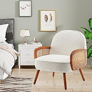 SHINEBOOM Accent Chairs Rattan Comfy Upholstered Modern Arm Chair for Living Room Reading Bedroom Balcony Sherpa Plush Chair, White