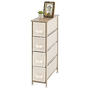 mDesign Narrow Dresser Storage Tower Stand with 4 Removable Fabric Drawers - Steel Frame, Wood Top Organizer for Bedroom, Entryway, Closet - Lido Collection - Cream/Gold
